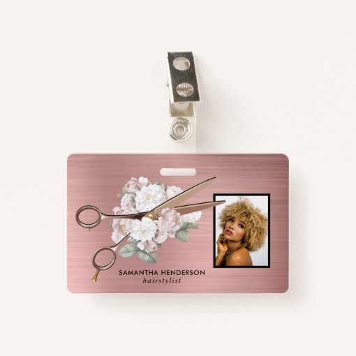 Elegant Floral Hair Salon Employee Photo Badge | Zazzle