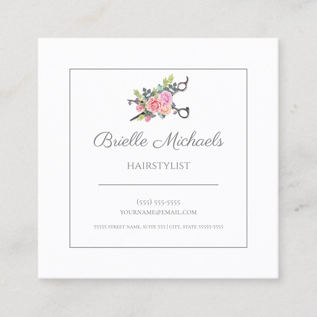 Elegant Floral Haircutting Scissors Hair Stylist Square Business Card ...