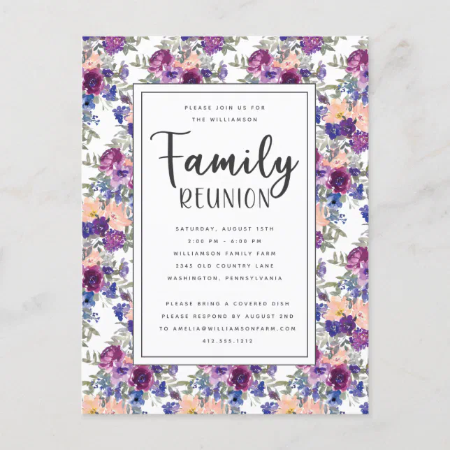 Elegant Floral Hand-Lettered Script Family Reunion Postcard | Zazzle