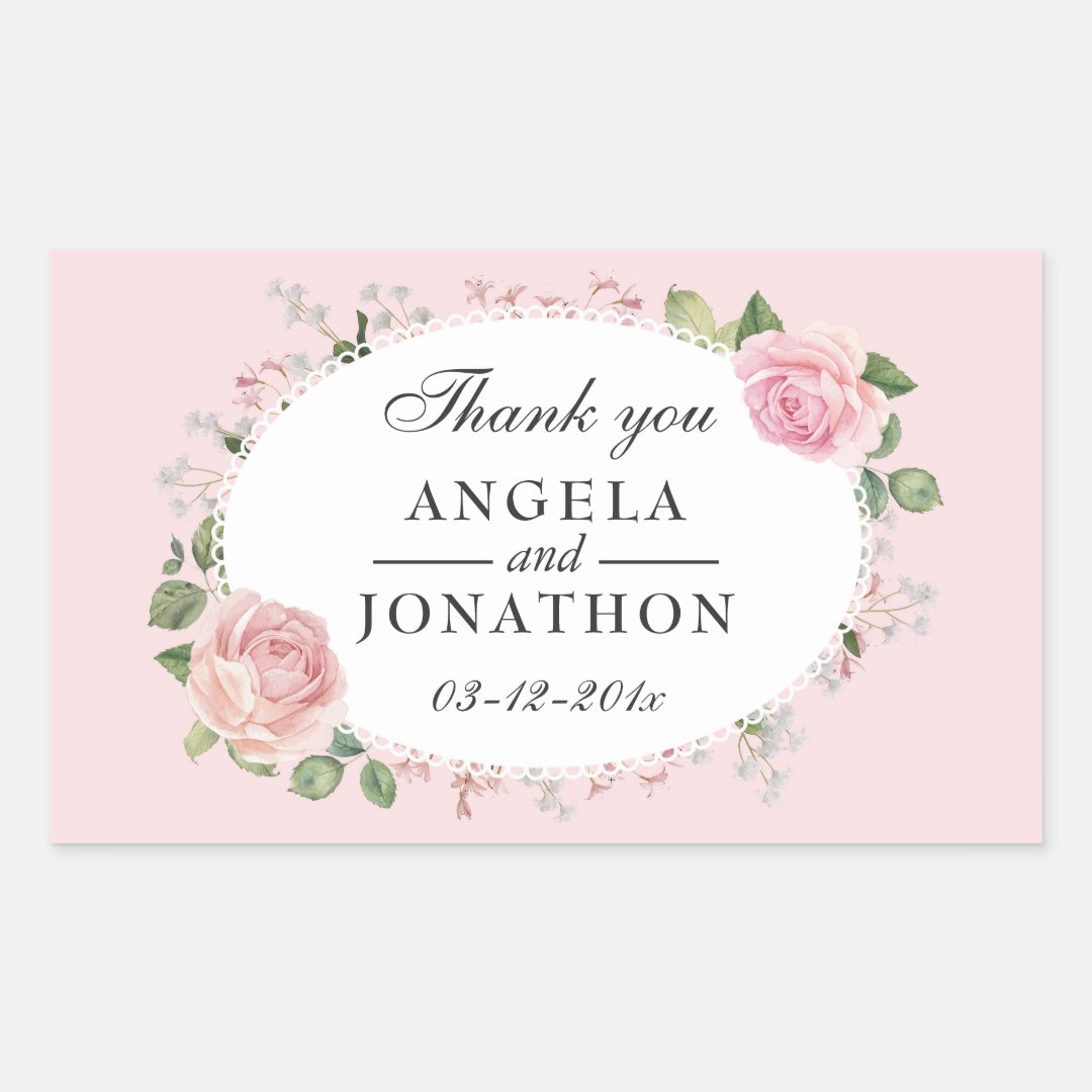 Elegant Floral Lace Pale Pink Wedding Thank You Rectangular Sticker ...