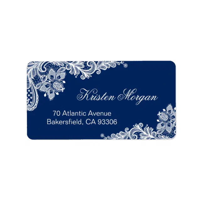 Elegant Floral Lace Stylish Navy Blue White Label | Zazzle