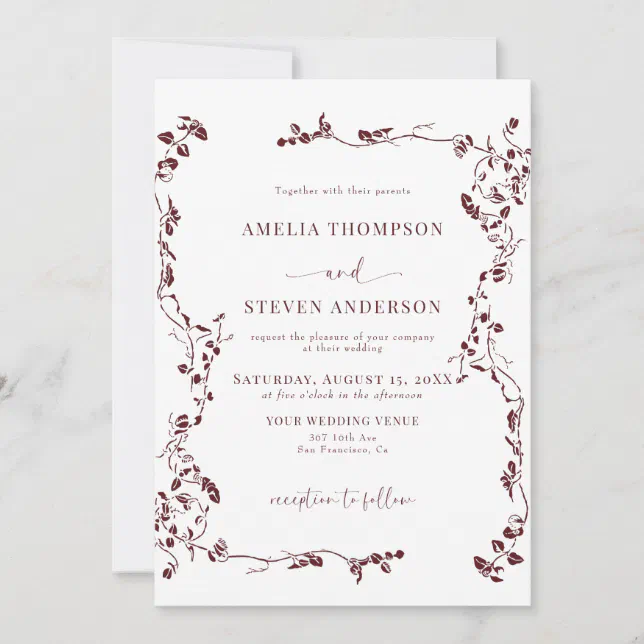 Elegant Floral Leaf Classic Wedding Invitation | Zazzle