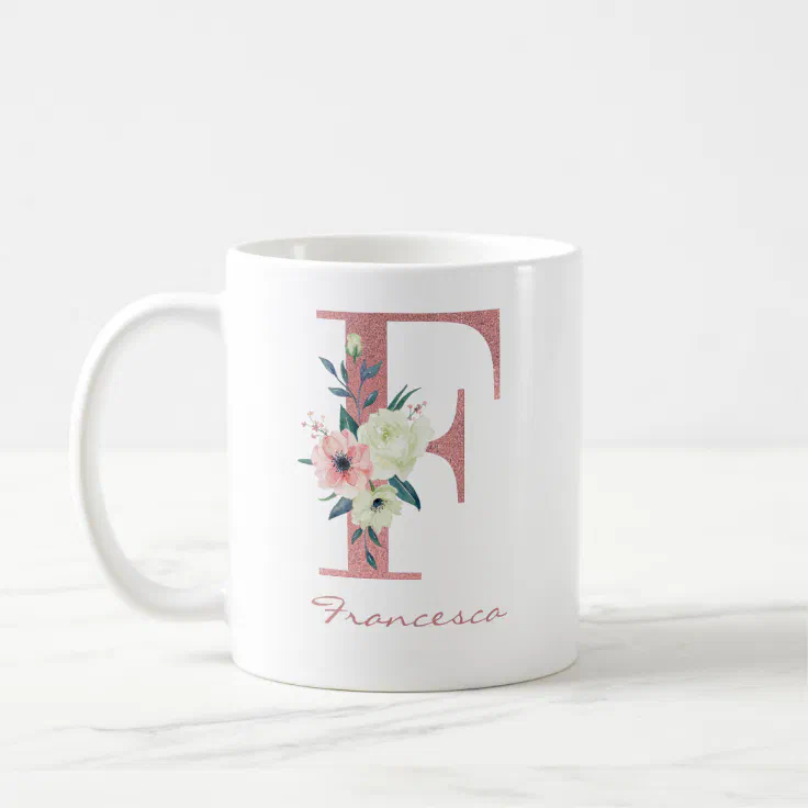 Elegant Floral Letter F Pink and Ivory Bouquet Coffee Mug | Zazzle