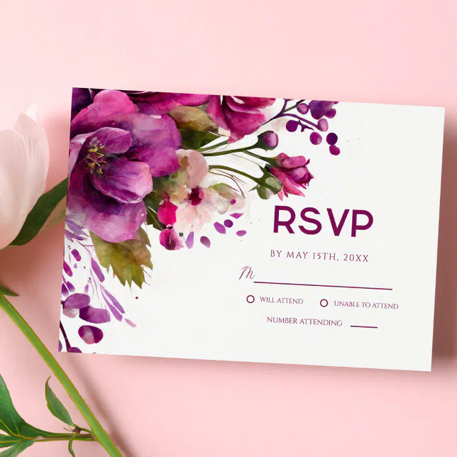 Elegant Floral Magenta Pink Modern Wedding RSVP Card | Zazzle
