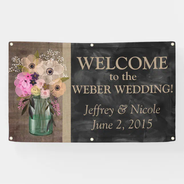 Elegant Floral Mason Jar Wedding Banner | Zazzle