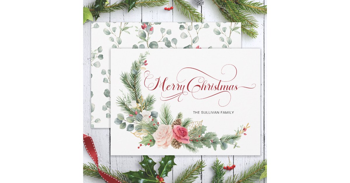 Elegant Floral Merry Christmas Calligraphy Holiday Card | Zazzle