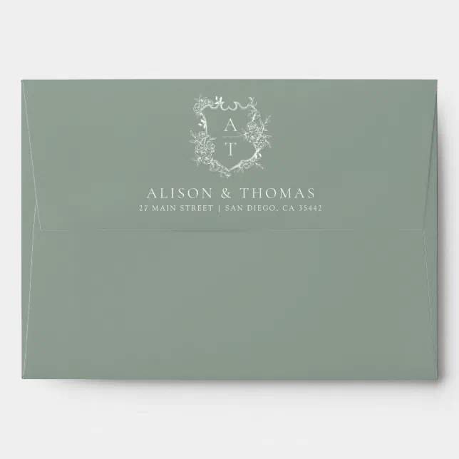 Elegant Floral Monogram Crest Sage Green Wedding Envelope | Zazzle