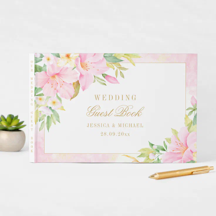 Elegant Floral Monogram Watercolor Pink Wedding Guest Book | Zazzle