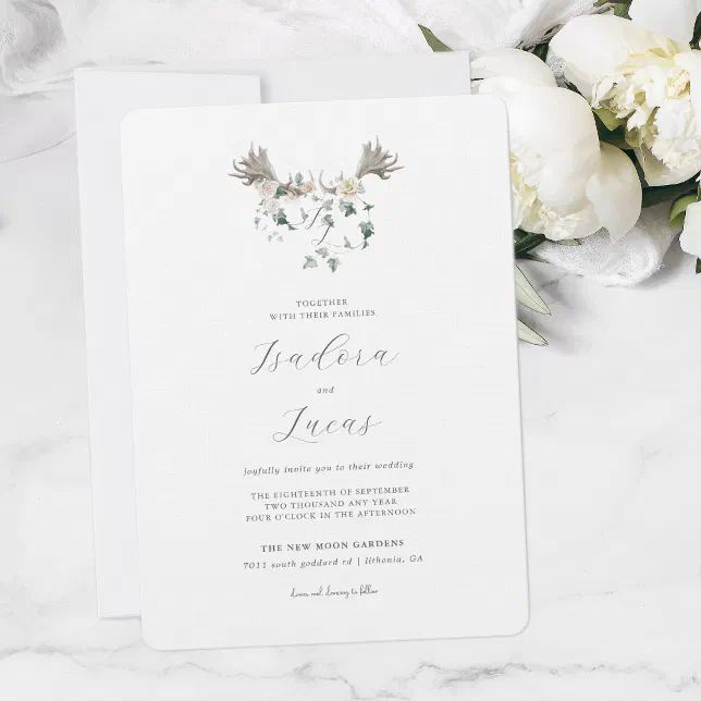 Elegant Floral Moose Antler Wedding Crest Invitation | Zazzle