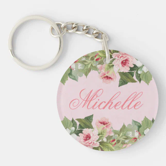 Elegant floral name keychain / keyring with flower | Zazzle
