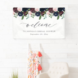Elegant Floral Navy Blue and Plum | Welcome Banner | Zazzle