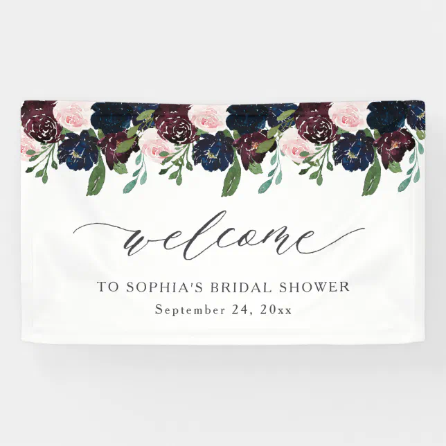 Elegant Floral Navy Blue and Plum | Welcome Banner | Zazzle