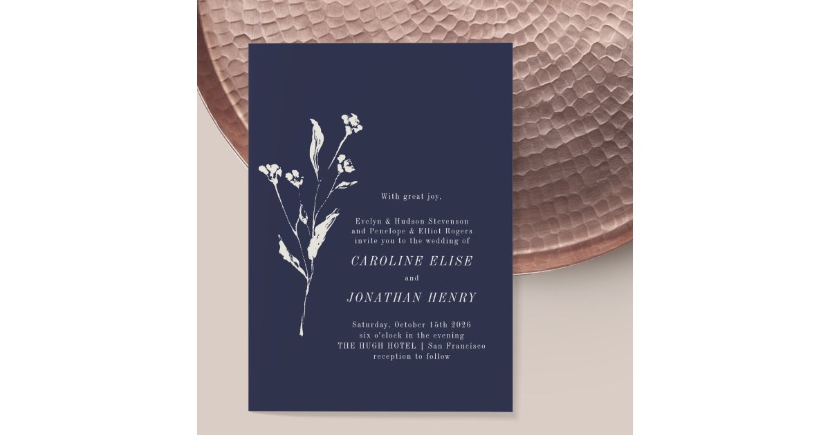 Elegant Floral Navy Blue Formal Wording Wedding Invitation | Zazzle