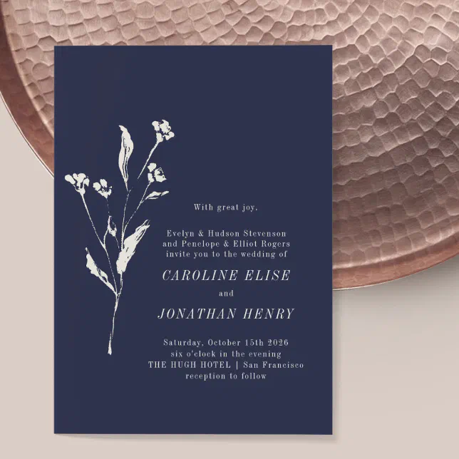Elegant Floral Navy Blue Formal Wording Wedding Invitation | Zazzle