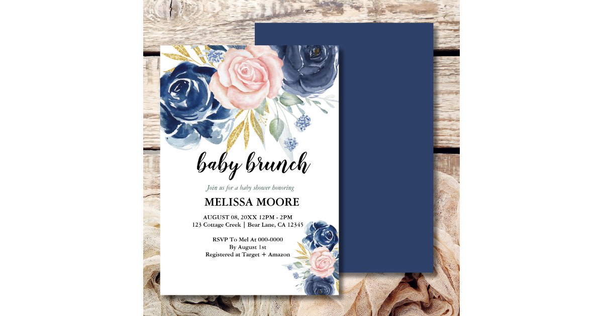 Elegant Floral navy blue pink baby brunch shower Invitation | Zazzle