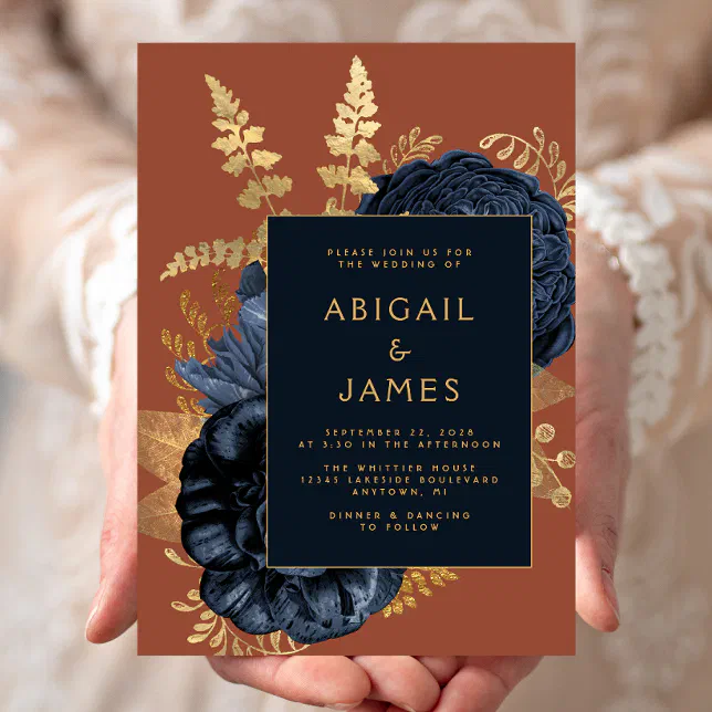 Elegant Floral Navy Blue Rust Gold Wedding Invitation | Zazzle