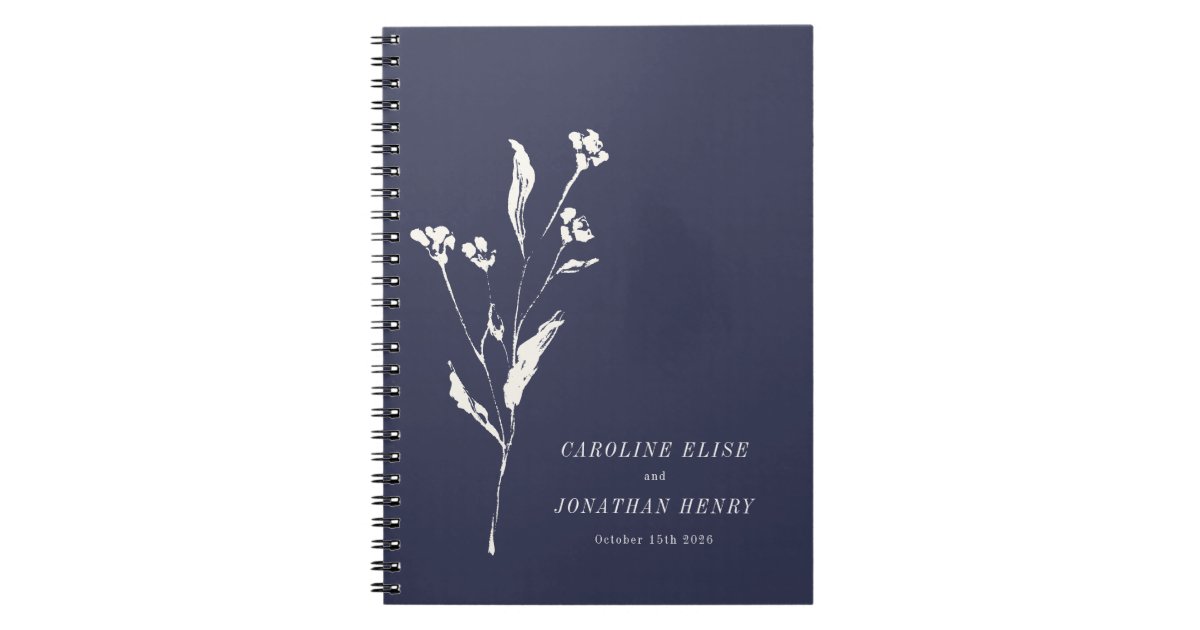 Elegant Floral Navy Blue Simple Custom Wedding Notebook | Zazzle
