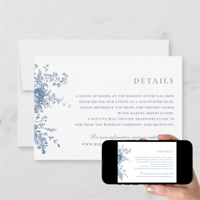 Elegant Floral Navy Blue Wedding Details Insert Invitation | Zazzle