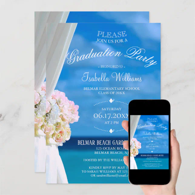 Elegant Floral Ocean Beach Summer Graduation Party Invitation | Zazzle
