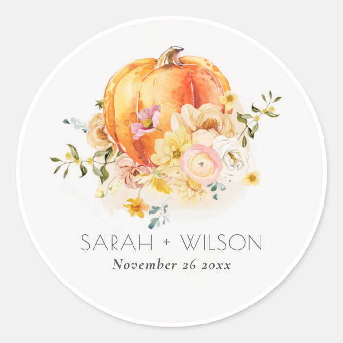 Elegant Floral Orange Autumn Pumpkin Wedding Classic Round Sticker ...