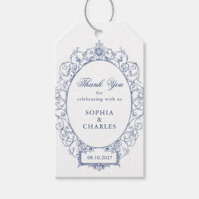 Elegant Floral Ornament Frame Wedding Royal Blue Gift Tags | Zazzle