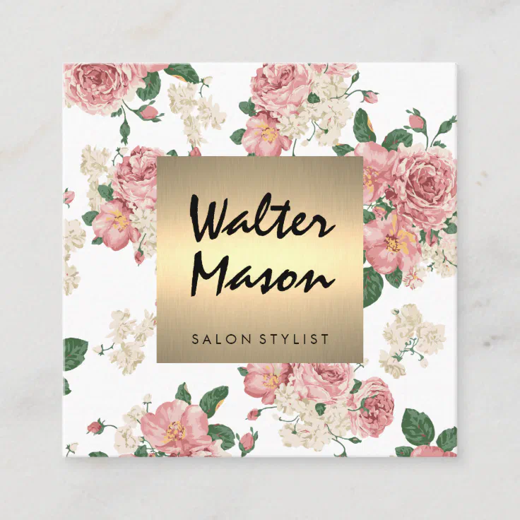 Elegant Floral Pattern Gold Trim Square Square Business Card | Zazzle