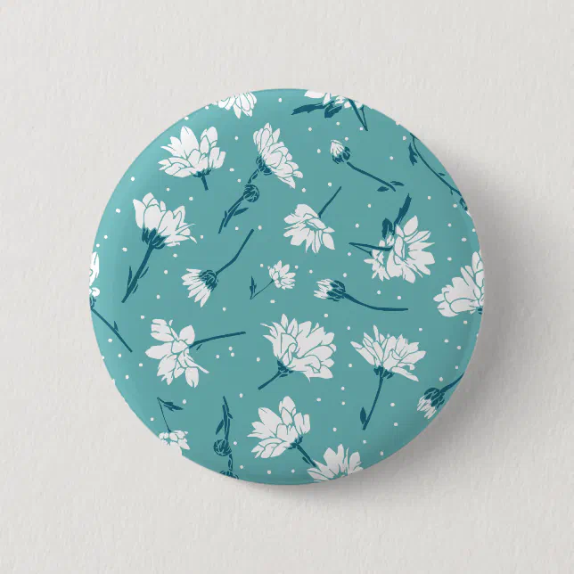 Elegant Floral Pattern - Teal & White Botanical Button | Zazzle
