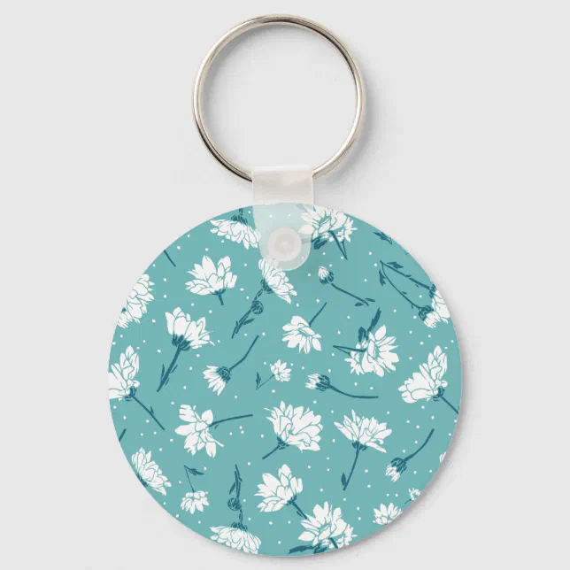 Elegant Floral Pattern - Teal & White Botanical Keychain | Zazzle
