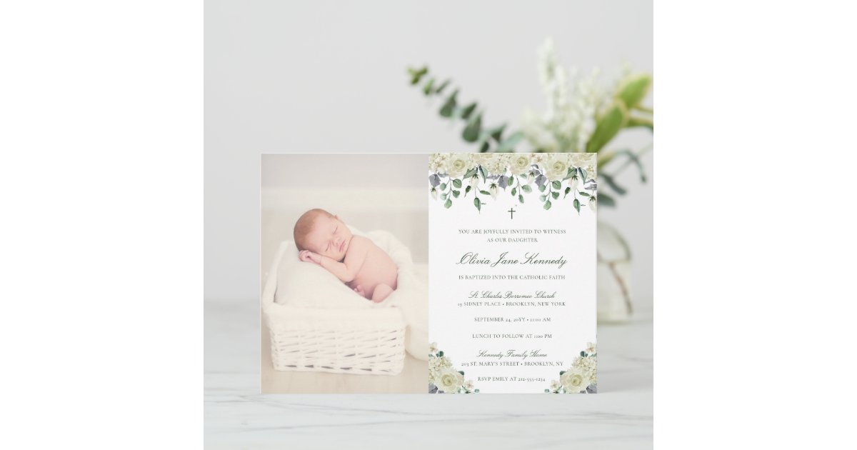 Elegant Floral & Photo Catholic Baptism Invitation | Zazzle