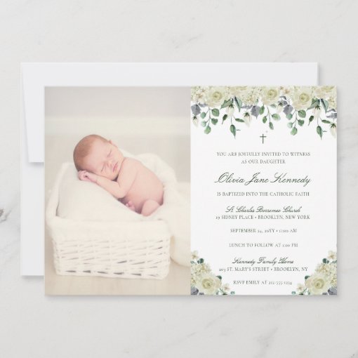 Elegant Floral & Photo Catholic Baptism Invitation | Zazzle
