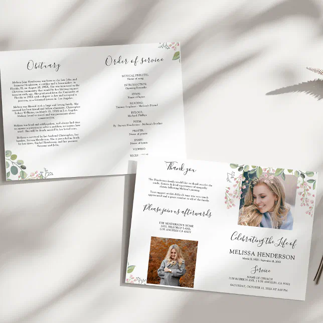 Elegant Floral Photo Funeral | Memorial Program | Zazzle