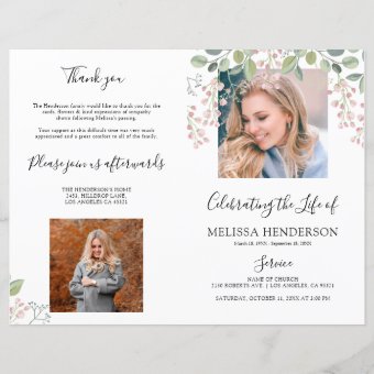 Elegant Floral Photo Funeral | Memorial Program | Zazzle