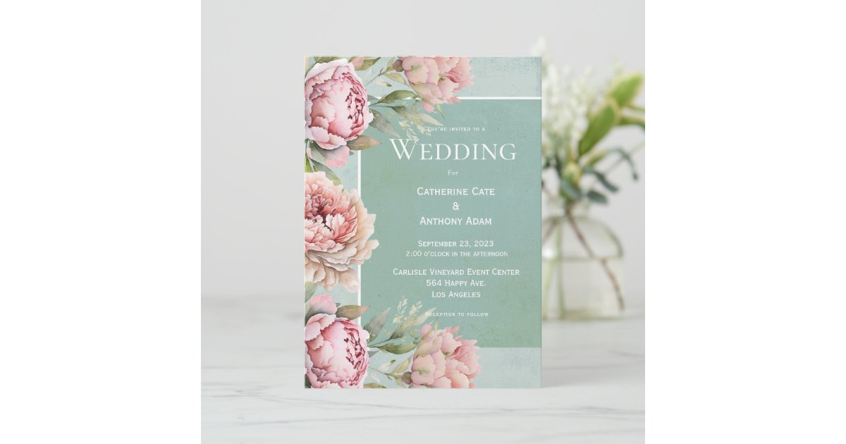 Elegant Floral Pink Peonies Watercolor Wedding Invitation | Zazzle