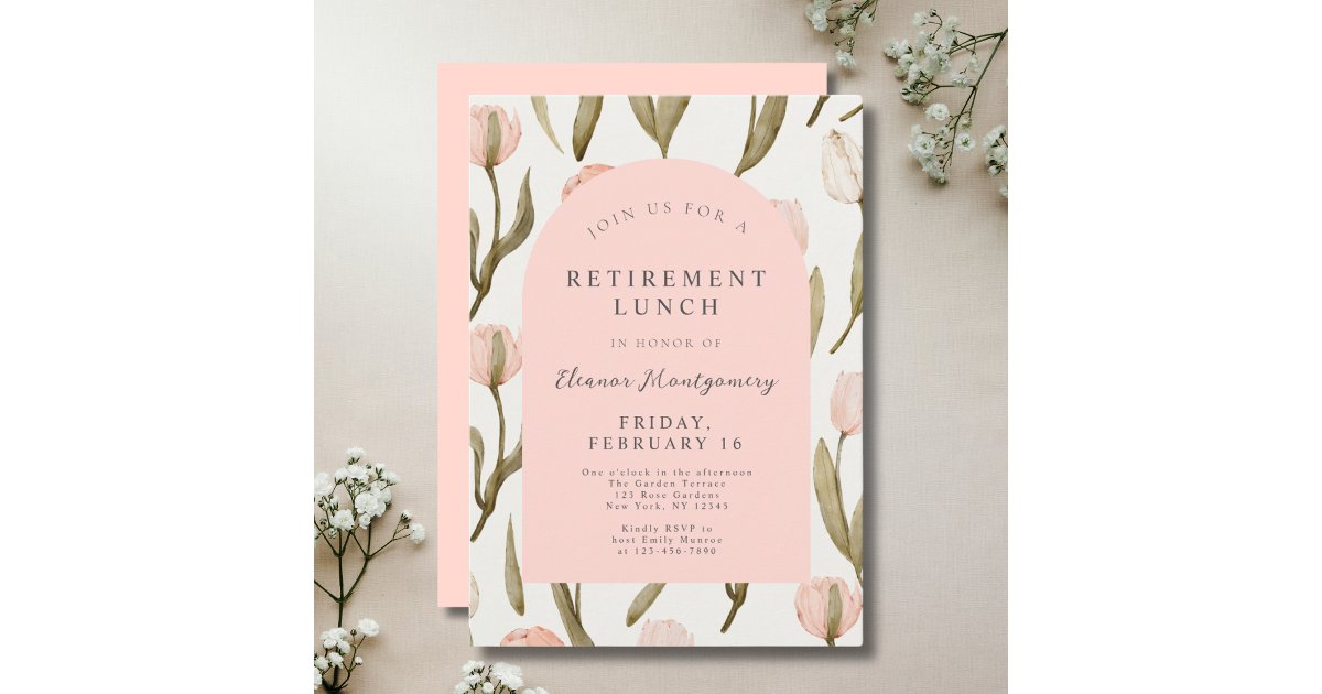 Elegant Floral Pink Retirement Lunch Invitation | Zazzle