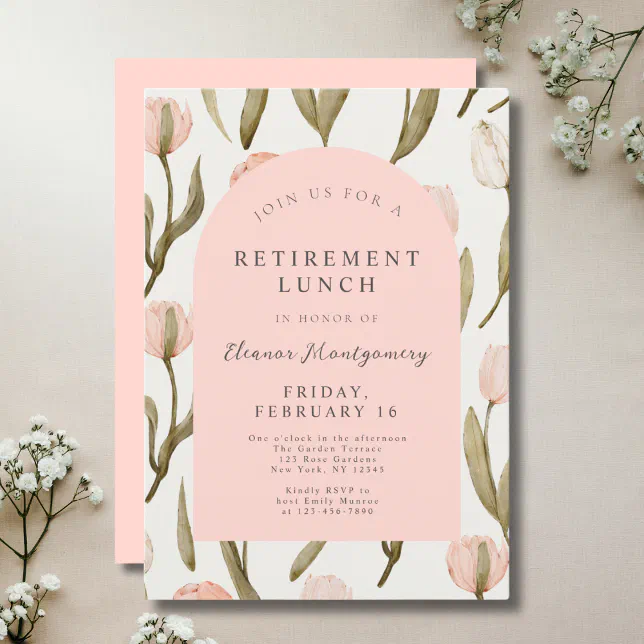 Elegant Floral Pink Retirement Lunch Invitation | Zazzle