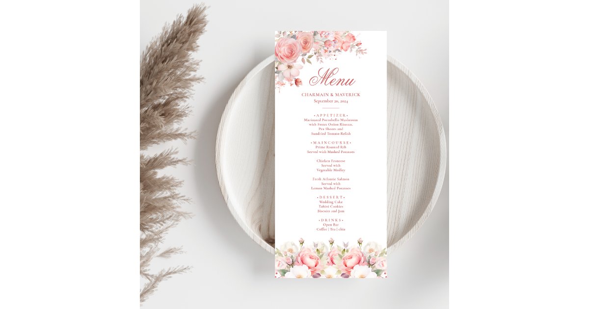Elegant Floral Pink Wedding Menu | Zazzle