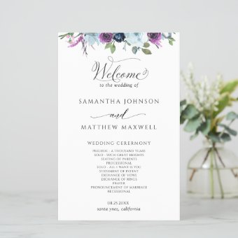 Elegant Floral Purple and Blue Wedding Program | Zazzle