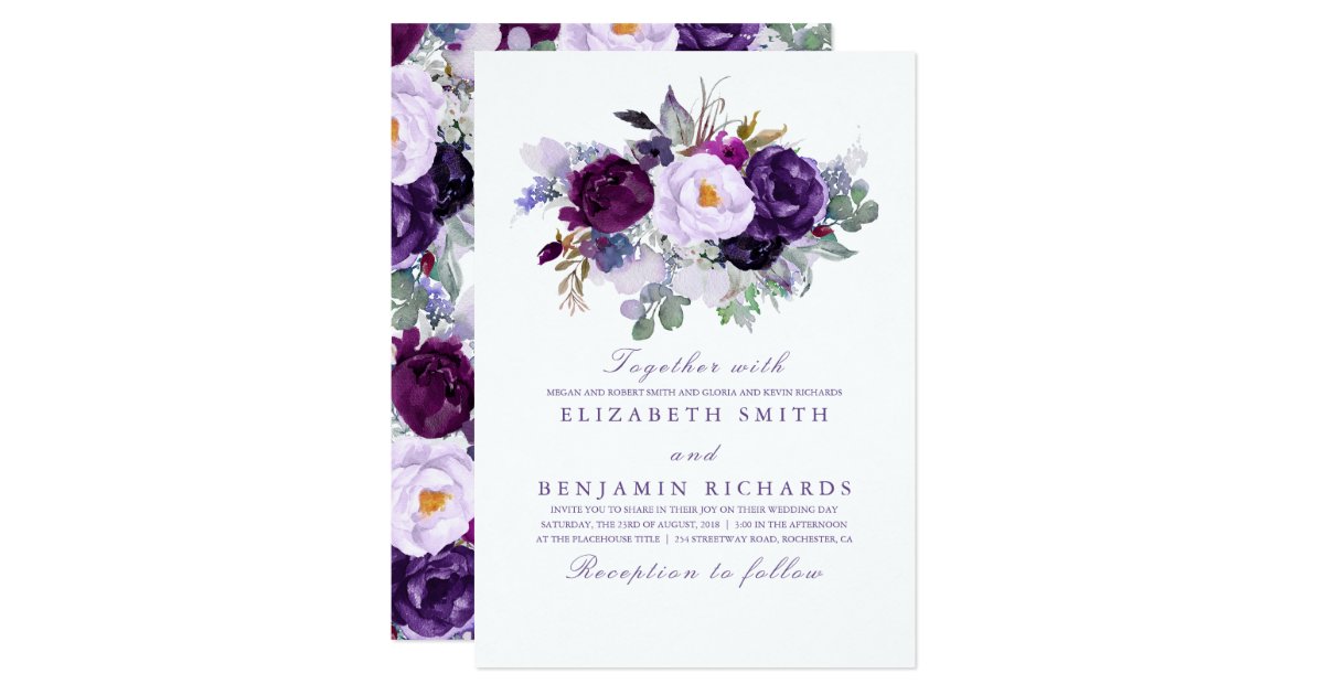 Elegant Floral Purple Watercolors Wedding Invitation
