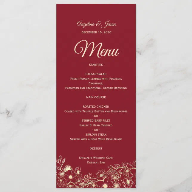 Elegant Floral Red Wedding Menu | Zazzle