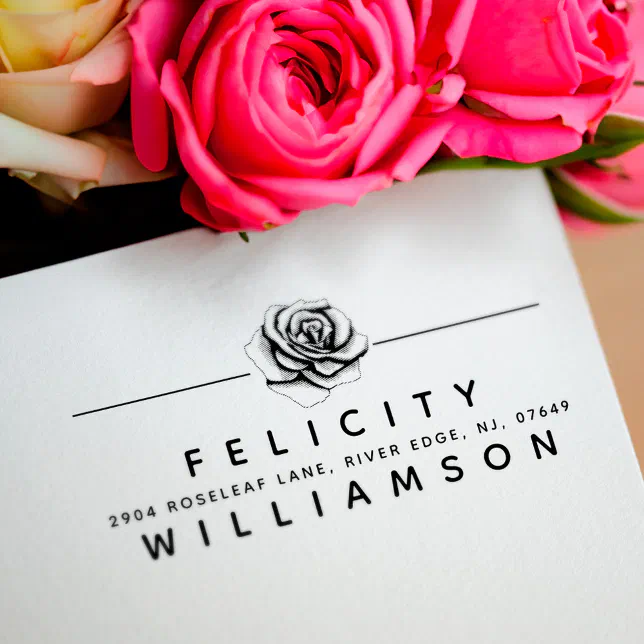 Elegant Floral Rose Blossom Flower Return Address Rubber Stamp | Zazzle