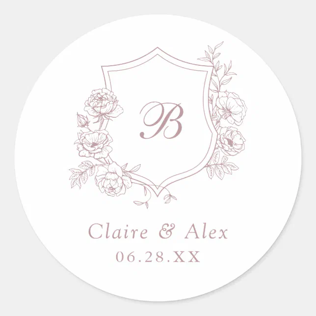 Elegant Floral Roses Crest Wedding Monogram Classic Round Sticker | Zazzle