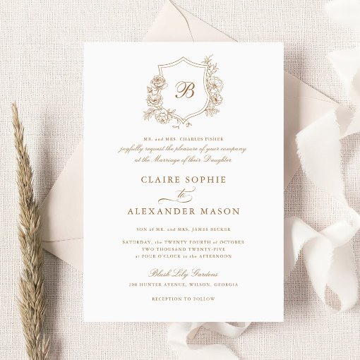 Elegant Floral Roses Crest Wedding Monogram Gold Invitation | Zazzle
