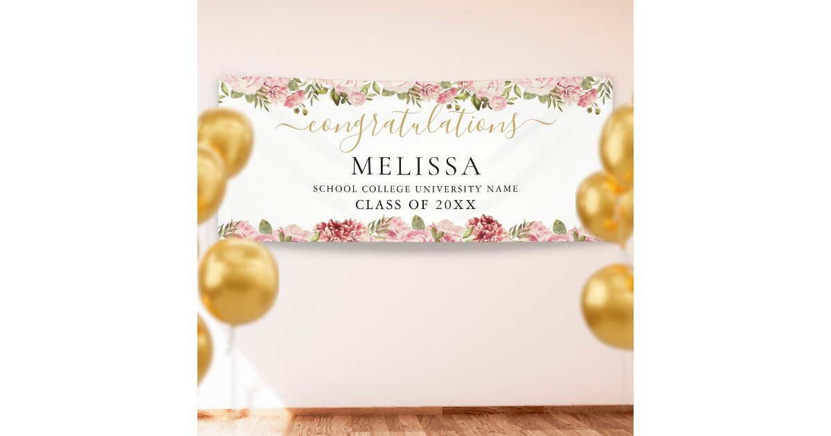 Elegant Floral Roses Gold Script Graduation Banner | Zazzle