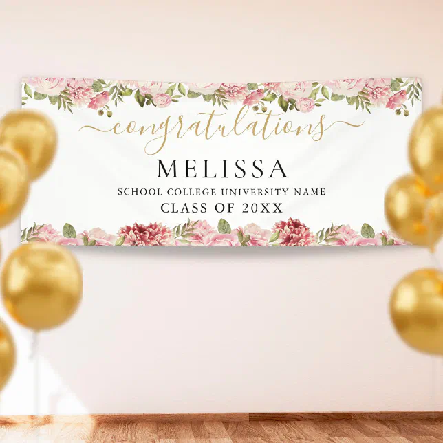 Elegant Floral Roses Gold Script Graduation Banner | Zazzle