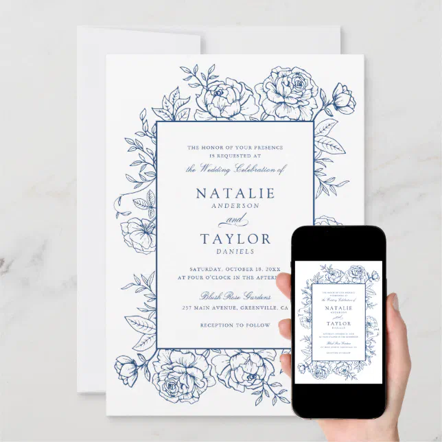 Elegant Floral Royal Blue Roses Frame Wedding Invitation | Zazzle