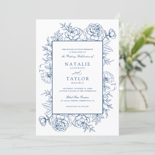 Elegant Floral Royal Blue Roses Frame Wedding Invitation | Zazzle