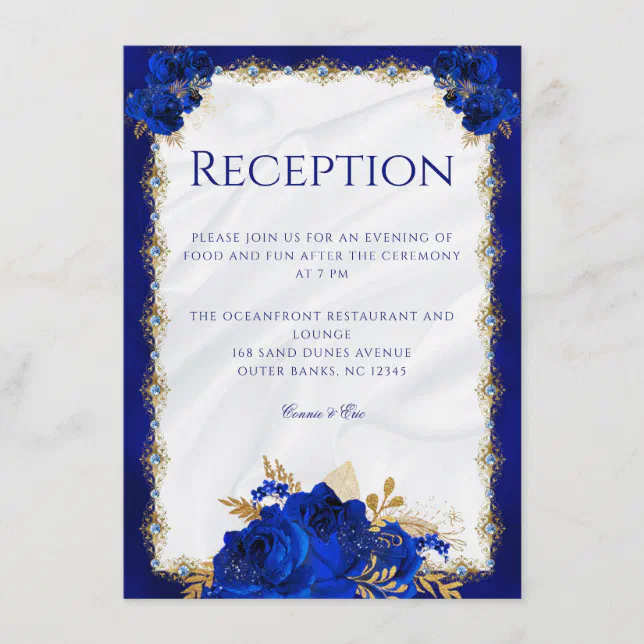 Elegant Floral Royal Blue Wedding Reception Enclosure Card | Zazzle