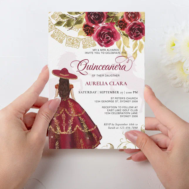 Elegant Floral Ruby Red Horse Quinceañera Invitation | Zazzle