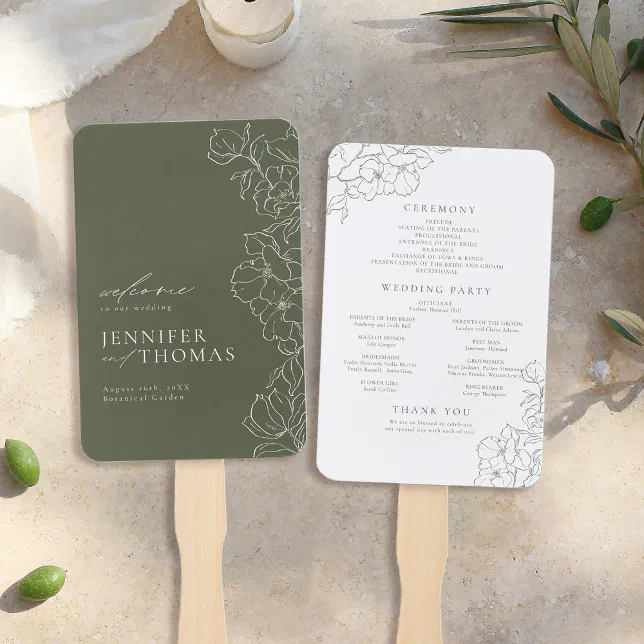 Elegant floral sage green wedding program hand fan | Zazzle