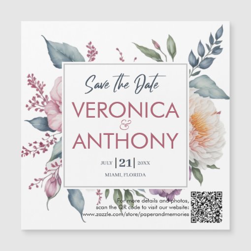 Elegant Floral Save The Date QR Code Wedding Magnetic Invitation | Zazzle